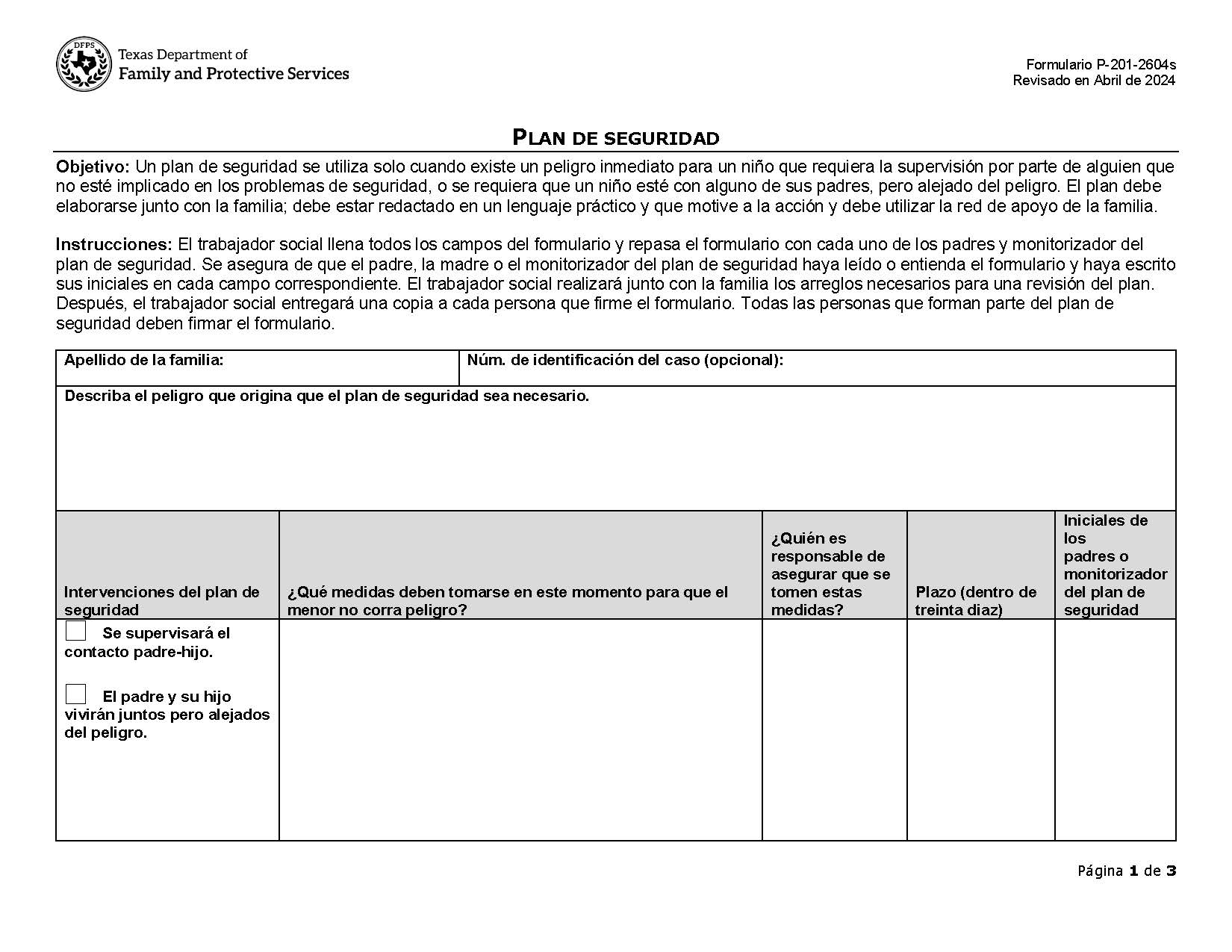 Safety Plan (1-3) (Spanish): DFPS Forms & Publications